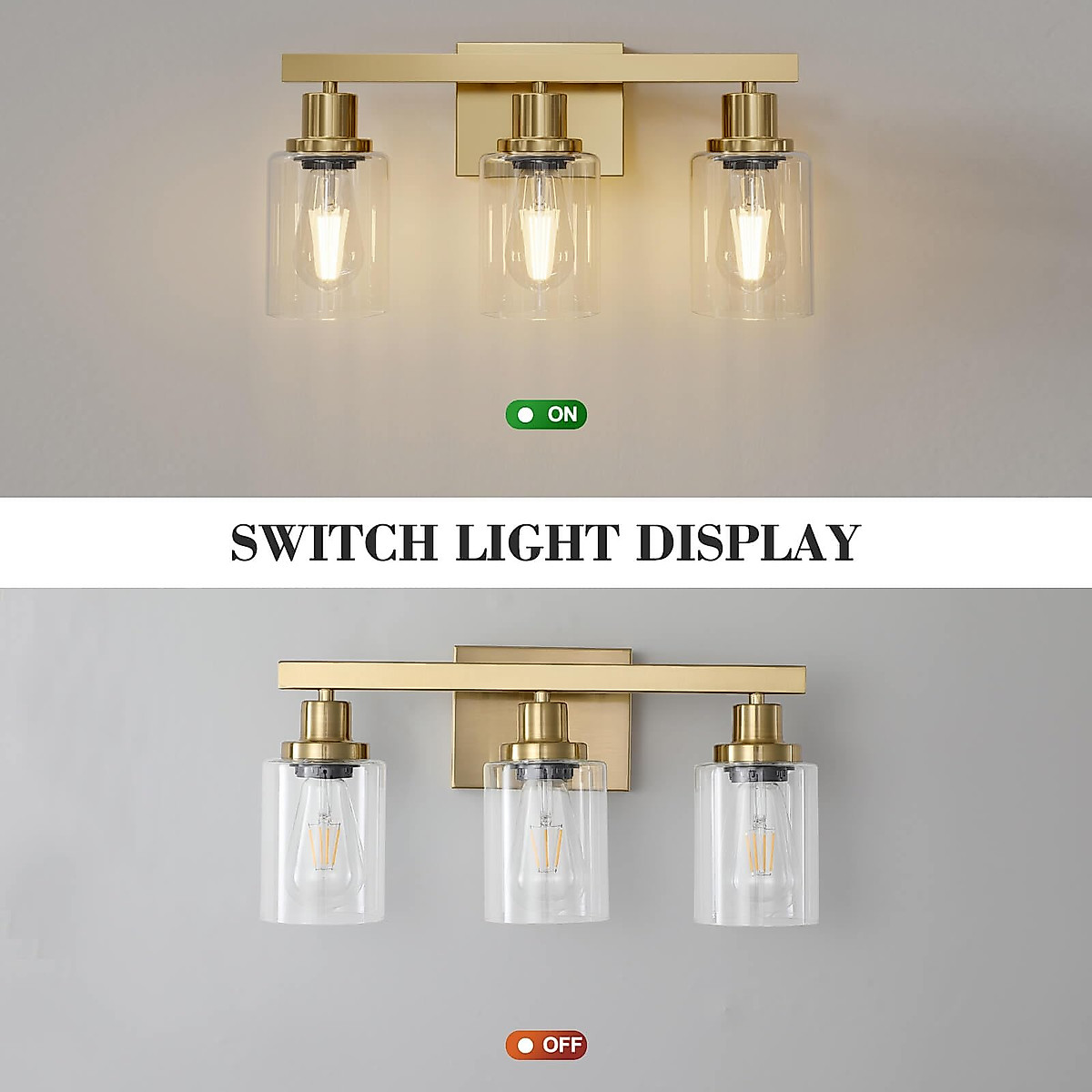 DIKAIDA 3 Light Gold Bathroom Light Fixtures, Bathroom Vanity Light Over Mirror, Gold Wall Sconce Vanity Lighting with Clear Glass Shade,Modern Farmhouse Bath Wall Lamp for Mirror Kitchen