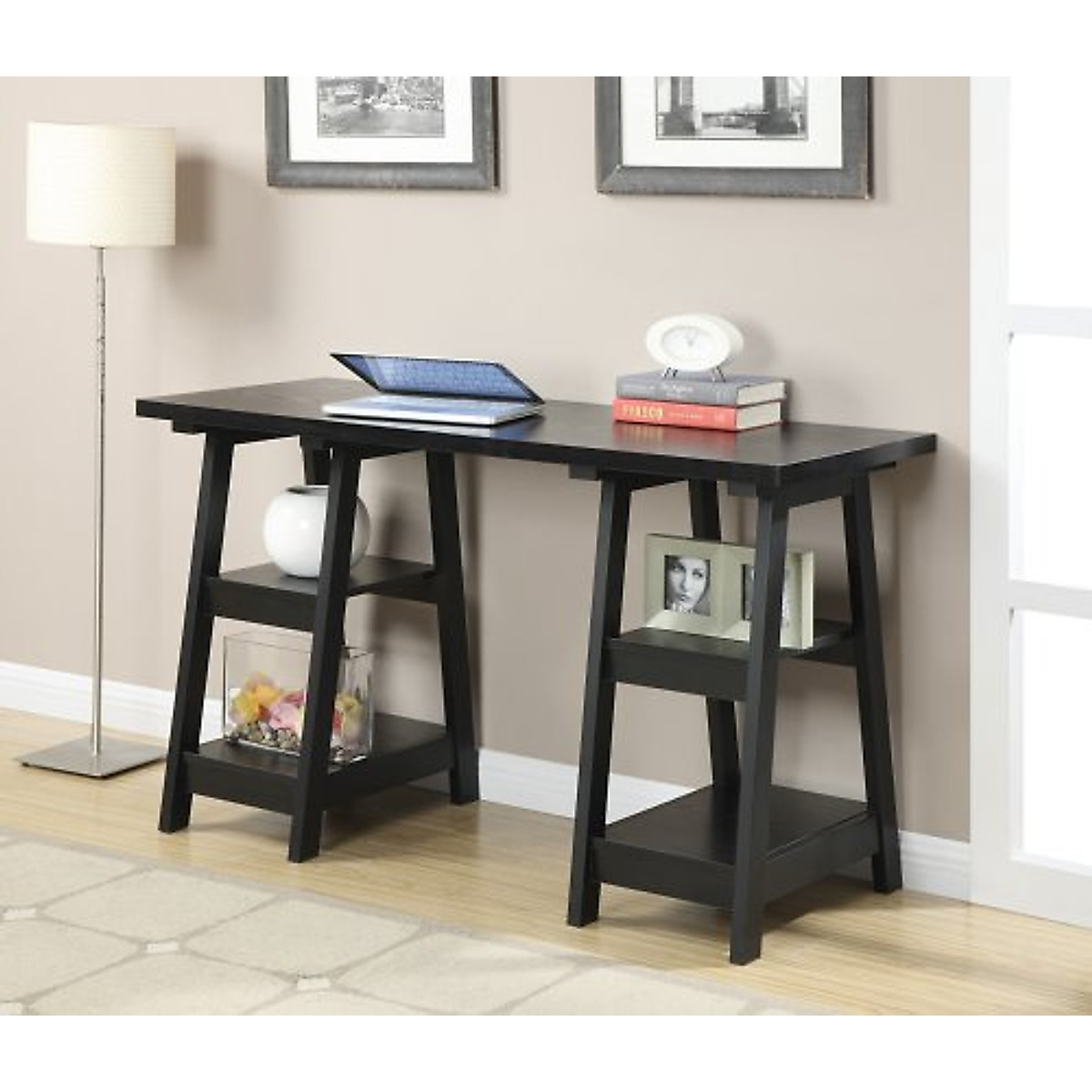 Convenience Concepts Designs2Go Double Trestle Desk with Shelves, Black