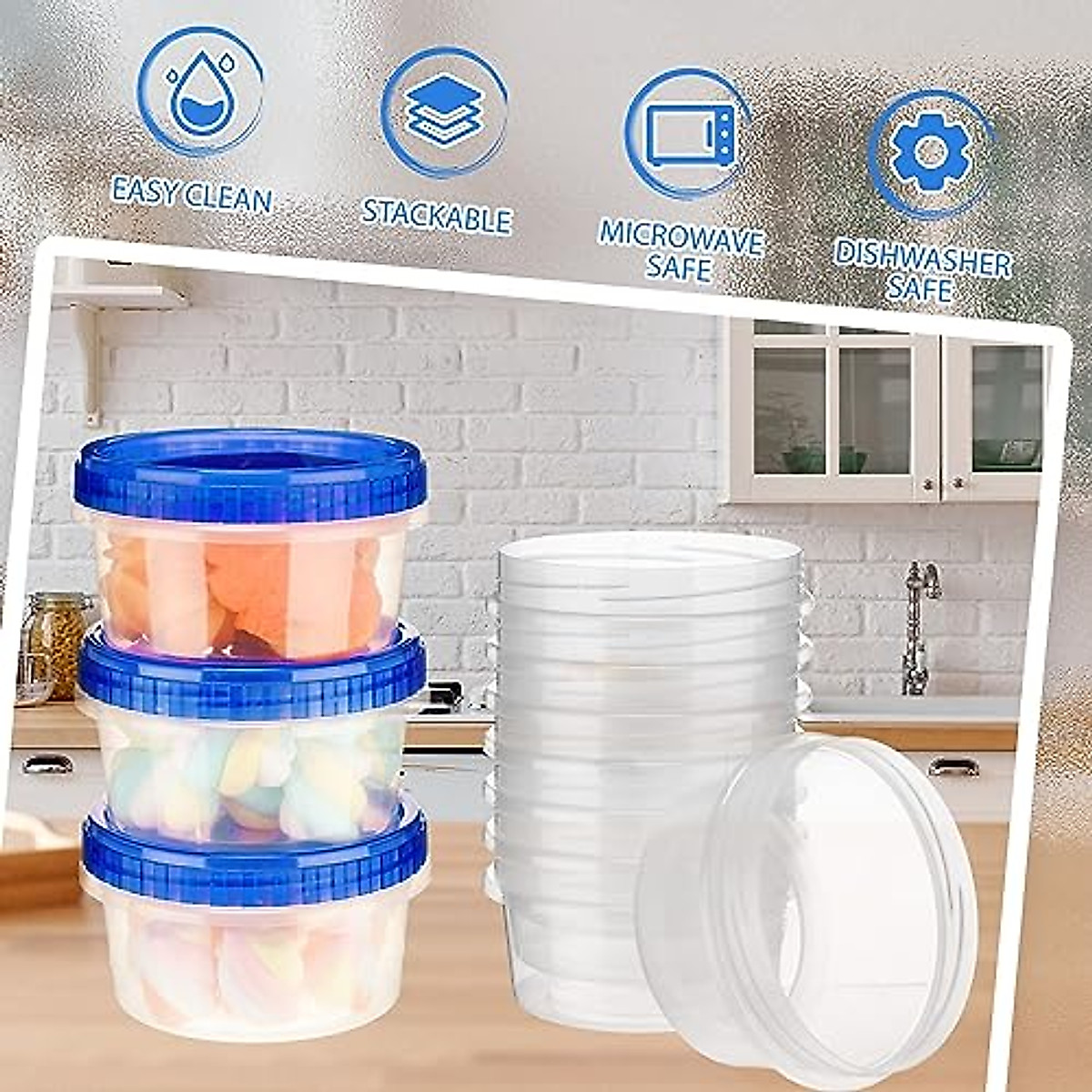 Yinkin 30 Pack Plastic Freezer Containers for Food Storage, Twist Top Food Soup Storage Containers with Lids, Stackable, Reusable, Leakproof, Airtight, Stackable, Microwave Safe (Blue)