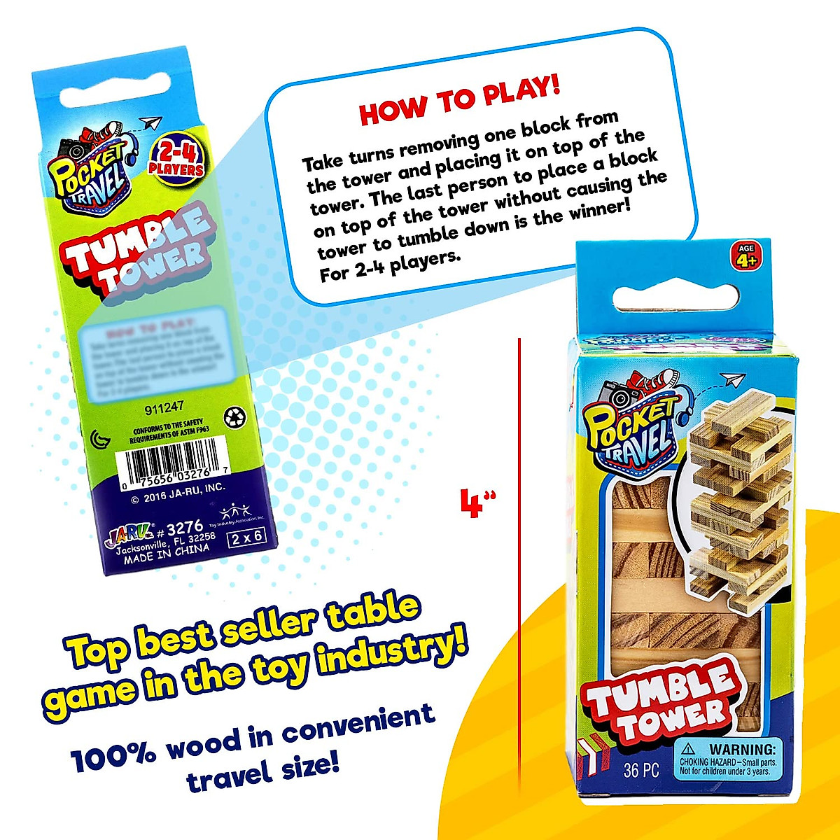 JA-RU Mini Travel Size Tumble Tower (1 Toy Pack) Real Wooden Building Blocks. Team Sports for Kids. Puzzle Desktop & Tabletop Family Games. Stocking Stuffers. 3276-1A