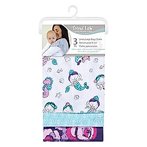 Mermaids 3 Pack Jersey Burp Cloth Set-Mermaid, Leaf, Watercolor Floral Prints, Purples, Turquoise, Teal, Pinks, Grays, Cotton Jersey, 20 in x 9 in Each
