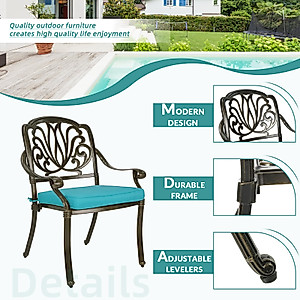 MEETWARM 9-Piece Outdoor Furniture Dining Set, All Weather Cast Aluminum Patio Garden Set- 8 Cushioned Chairs, 61" Round Patio Dining Table with Detachable Lazy Susan, 2" Umbrella Hole, Ocean Blue