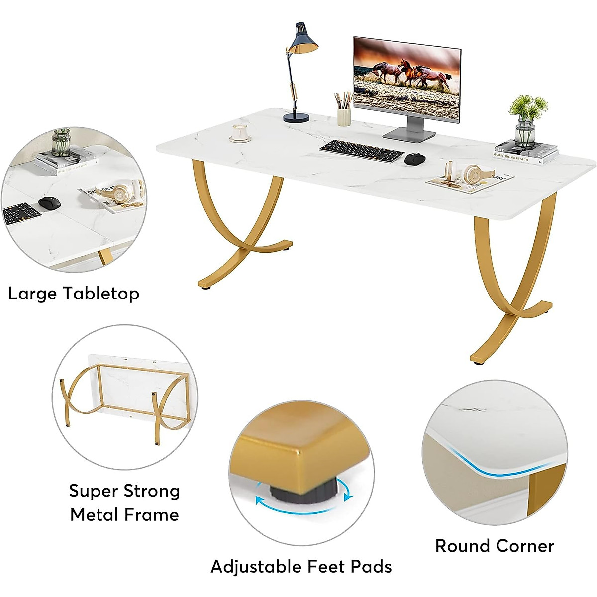 Tribesigns Executive Desk, 63” W x 31.5” D Large Office Desk, Modern Computer Desk Conference Table Meeting Room Table, Business Furniture for Home Office, White and Gold