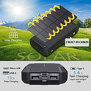 DJKK Solar Charger Power Bank, 36800mAH Waterproof Solar Power Bank, Qi 15W Portable Wireless Charger Built-in Dual USB A Output-a 5V/3A USB C Output with External 3 Wires and an Flashlight (Black)…