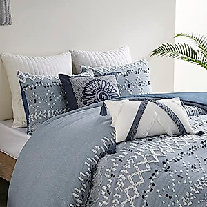 INK+IVY Dora Organic Cotton Duvet Set, Chambray with Textured Clipped Yarns and Tufted Geometric Design, Breathable, All Season Boho Bedding, Matching Shams, King/Cal King(104"x92") Blue 3 Piece