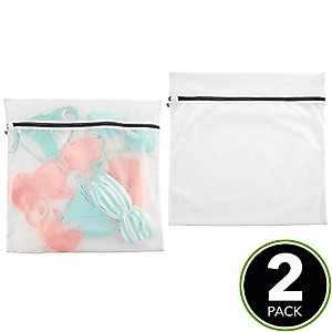 mDesign Medium Laundry Mesh Wash Bag - Fine Weave Fabric, Zipper Closure, Washing Machine, and Dryer Safe, Protect Lingerie, Delicates, Underwear, Bras, Leggings - Reusable - 2 Pack, 24" x 24" - White