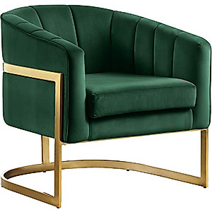 Meridian Furniture Carter Collection Modern | Contemporary Upholstered Velvet Barrel Accent Chair with Gold Stainless Base, Green, 29" W x 27.5" D x 31" H