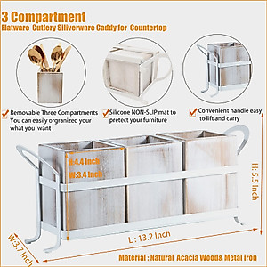 NelyBet Silverware Caddy Utensil Organizer for Countertop, Flatware Caddy with Metal Rack, Wooden Utensil Cutlery Holder with 3 Compartment for Kitchen Decor and Party -White