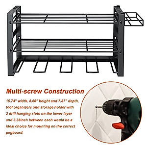 Heavy Duty Floating Tool Shelf Power Tool Organizer Garage Tool Storage Shelf Drill Holder 3 Layers Wall Mounted Storage Rack with Screwdriver Holder Black Suitable for Garage/Workshop