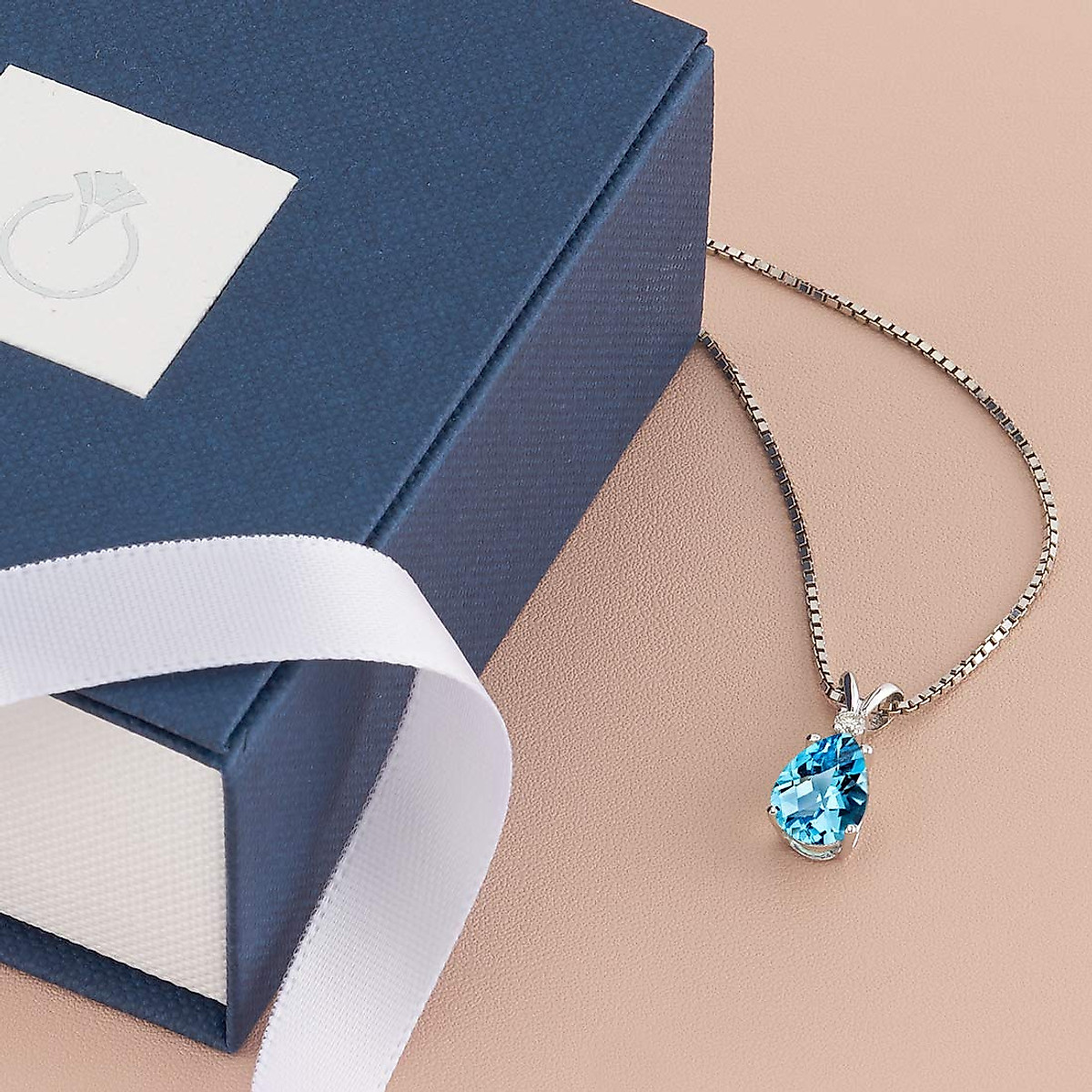 PEORA 14K White Gold Swiss Blue Topaz with Diamond Pendant for Women, Natural Gemstone Birthstone Teardrop Solitaire, 2.30 Carats total Pear Shape 10x7mm