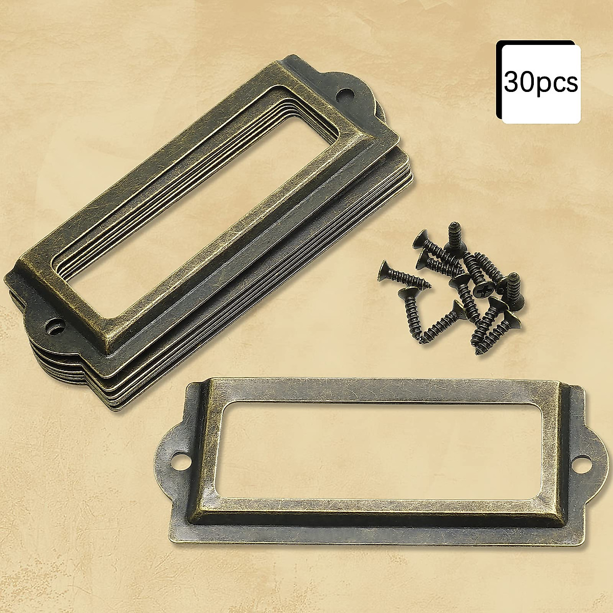 Rierdge 30 Pcs Antique Label Holder, 3.3 Inch Long Metal Office File Cabinet Shelves Drawer Name Card Label Holder Frames with Screws (Bronze)