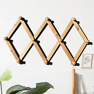 PJCOLL Vintage Wooden Organza Wall Rack with 10 Hooks, Expandable Wooden Wall-Mounted Coat Rack, Handmade Hat Rack Wall
