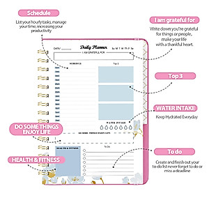 Siltamu Daily Planner Undated 6.1″ x 8.5″,To Do List Notebook with Hourly Schedule,Meal Planning and Spiral Appointment Organizers for Men and Women with Pocket and Pen Loop - Pink