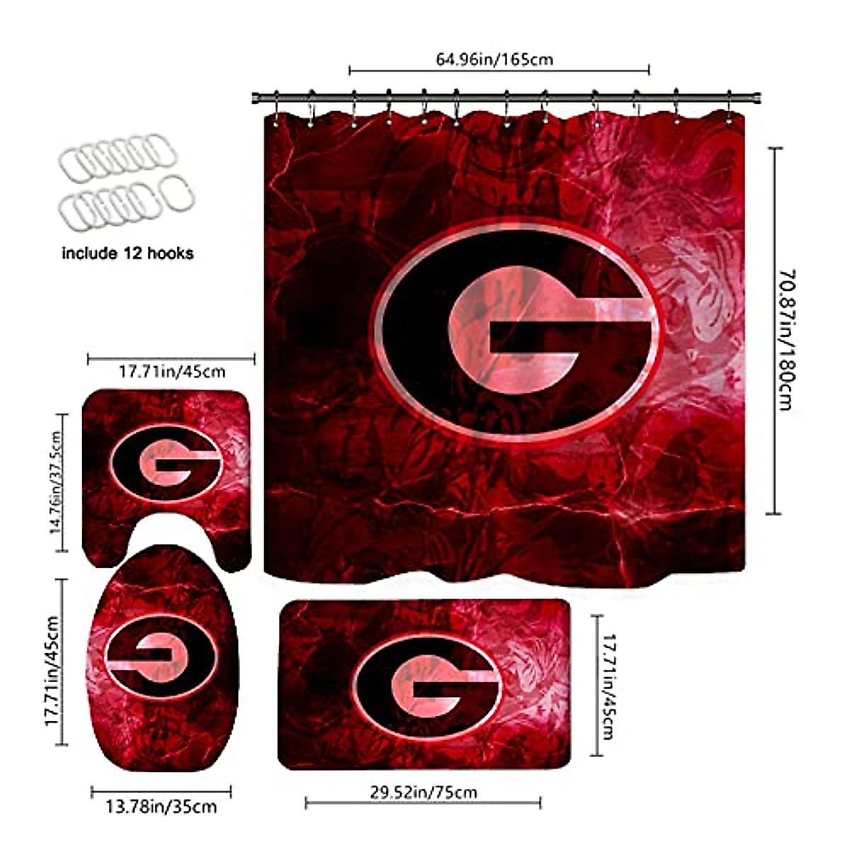 University Team Shower Curtain Set, Rugby Baseball Football Shower Curtain Basketball Toilet Lid Bath Pad, Non Slip Blanket and 14 Hook Waterproof Shower Curtain Set