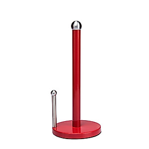 Kitchen Details Countertop Single Tear Paper Towel Holder, Free Standing, Weighted Bottom, Holds Large Rolls, Dispenser Bar Prevents Unraveling, Red