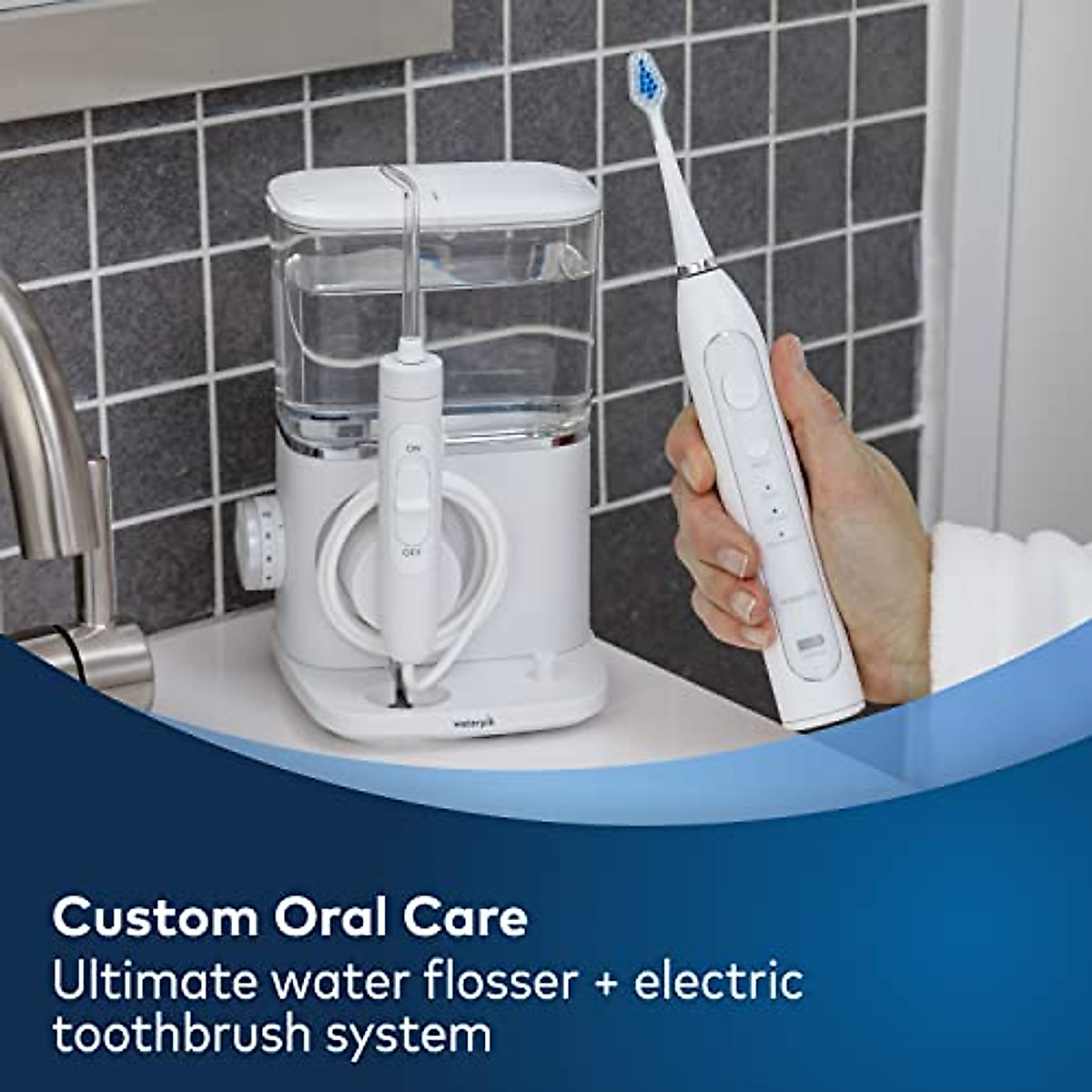 Waterpik Complete Care 9.0 Sonic Electric Toothbrush, White, 11 Piece Set & DT-100E Implant Denture Replacement Tips Water Flosser Tip Replacement, Clear, 2 Count