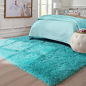 Ompaa Ultra Soft Shaggy Rugs Fluffy Bedroom Carpet, 4x6 Feet Teal Blue Area Rug, Modern Upgrade Anti-Skid Rug for Kids Girls Living Room, Dorm Aesthetics Decor