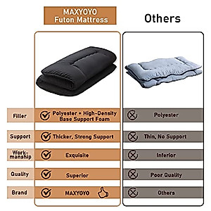 MAXYOYO Japanese Floor Mattress Futon Mattress, 4" Thicken Tatami Mat Sleeping Pad Foldable Roll Up Mattress Boys Girls Dormitory Mattress Pad Kids Floor Lounger Pillow Bed, Black, Full