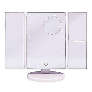 KXA Tri-Fold Vanity Mirror, 21 LED Lighted with Touch Screen 1X/2X/3X Magnification and USB Charging Adjustable Brightness and Stand for Makeup