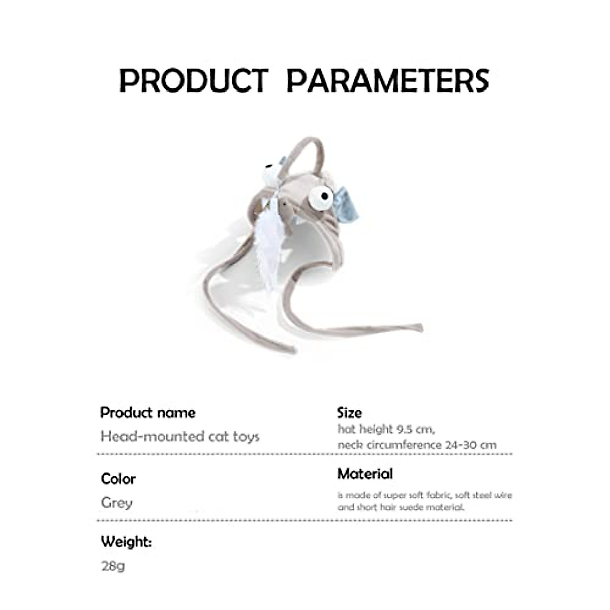 YIDUHONG Head Mounted Cat Headgear Interactive Self-Service Adjustable Size Cat hat Feather Toy，Kawaii Design，Grey Bigeye Fish