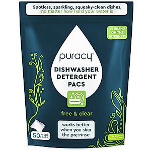 Puracy Dishwasher Pods, 50 Count, Natural Detergent, Free & Clear Enzyme-Powered Automatic Dishwasher Pod, Spot and Residue-Free Dish Tabs, 2-in-1 Soap and Rinse Aid
