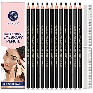Stylia Waterproof Eyebrow Pencil Set (12 Pieces - Black), Eyebrow Pen-cil, Eye Brow Pencils for Women Makeup, Microblading Long Lasting Eyebrow Pencil Liners for Marking, Filling And Outlining Eyebrow