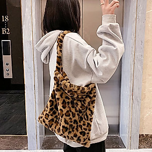 SUVIA Women Girls Fluffy Shoulder Bag Cute Bear Plush Handbag Flower Clutch Bag Leopard Underarm Bag Faux Fur Shopping Dating Cow Large Tote Handbag Purse (D: Brown Leopard)