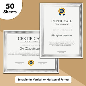 Juvale 50 Sheets Certificate Paper for Printing with Silver Foil Border for Graduation Diploma, Achievement Awards (8.5 x 11 in)