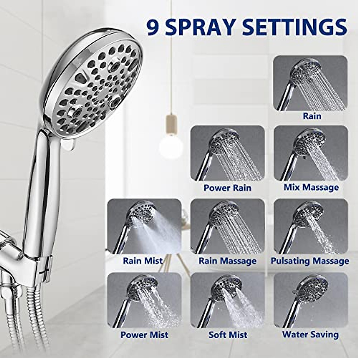 High Pressure 10 Setting Handheld Shower Head, 5" Detachable Showerhead Spray Built-in Power Wash to Clean Tub, Tile & Pets, 79" Extra Long Stainless Steel Hose, Adjustable Bracket - Chrome
