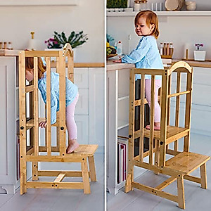 DORPU Learning Step Stool for Kids, Adjustable Height Toddler Kitchen Standing Tower with Double-Side Art Board, Natural