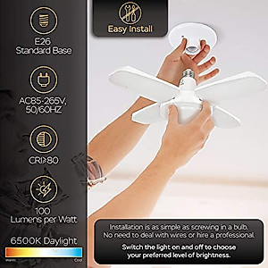 LED Basement Lights 2 Pack, Dimmable Basement Lights Ceiling LED, 60W Deformable LED Garage Light Bulb, 6000 Lumens Screw in LED Garage Light with 4 Leaf Panels, 6500K Daylight White Garage Lighting