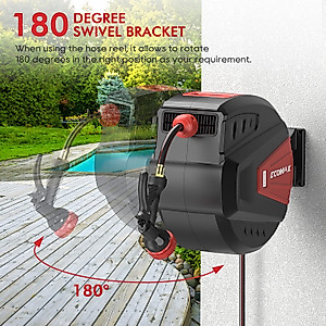 Ecomax ELG01 1/2in. x 100ft Garden Hose Reel, Retractable Reel Storage with Any Length Lock, Slow Return System, 9 Patterns Adjustable, Wall-mounted & 180° Swivel Bracket for Watering, Black & Red
