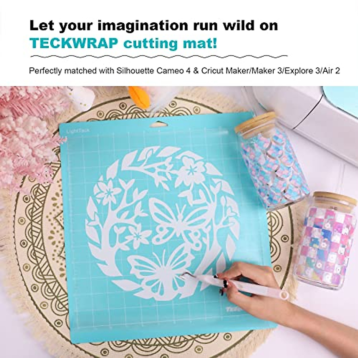 TECKWRAP Light Grip Adhesive Cutting Mat 3 Pack 12"x12" - For Explore/Maker/Silhouette Cameo4 with 1 Squeegee Vinyl Scraper Quilting Cut Mats Replacement for Arts & Crafts Projects - Blue