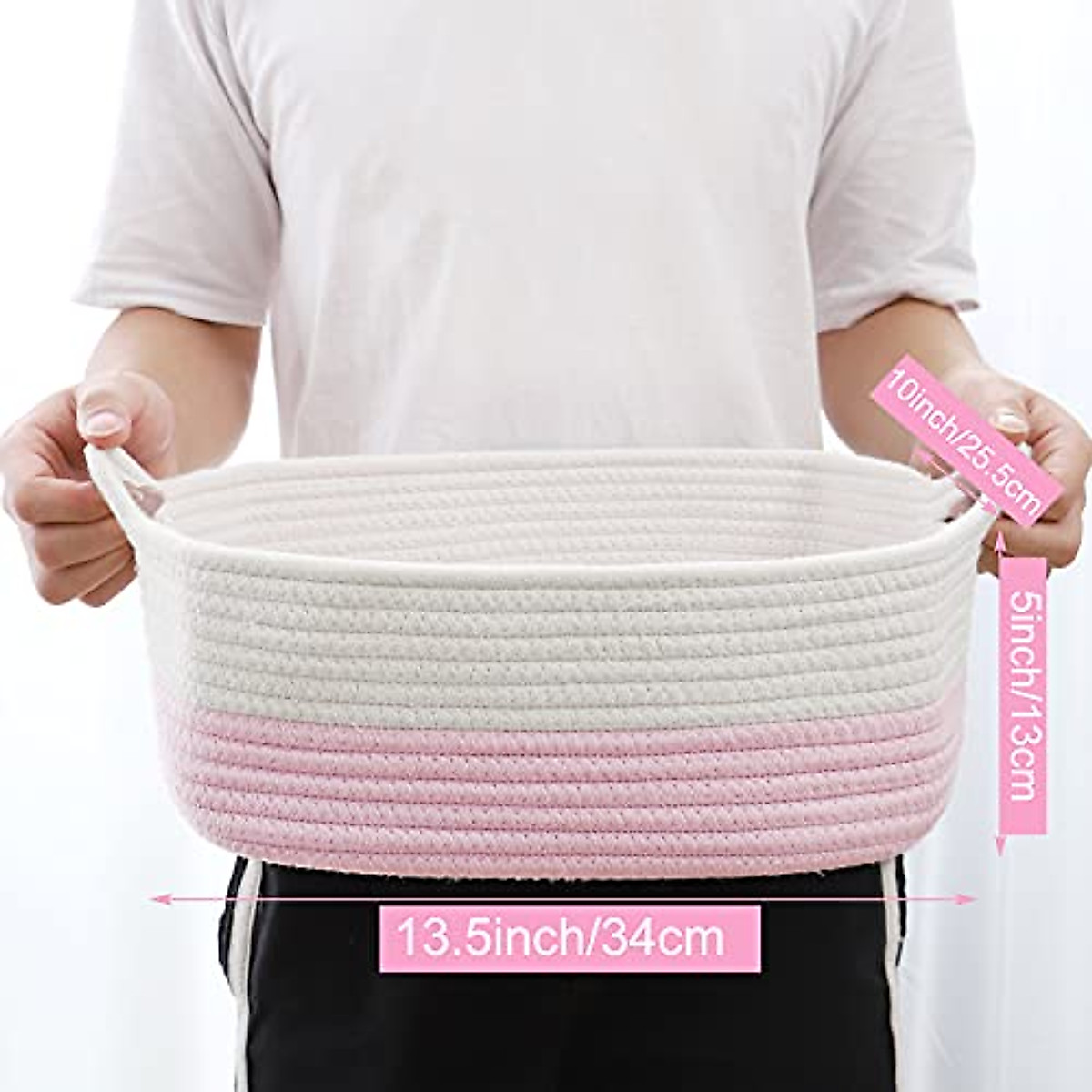 ABenkle Rope Storage Basket, Cotton Woven Pink Baby Girl Basket, Cube Soft Basket with Handles, Decorative Shelves Closet Organizer for Nursery Laundry Bedroom Bathroom, Small Basket for Organizing
