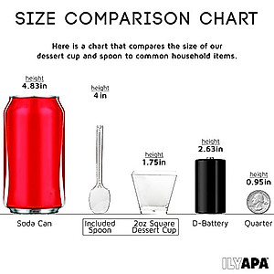 Ilyapa 100 x 2oz Mini Plastic Dessert Cups with Spoons - Dessert Shooter Plastic Glasses, Elegant Mini Appetizer Cups for Chocolate & Cheesecake, Mini Tumbler Square Cup, Puddings, Mousse, Parfaits