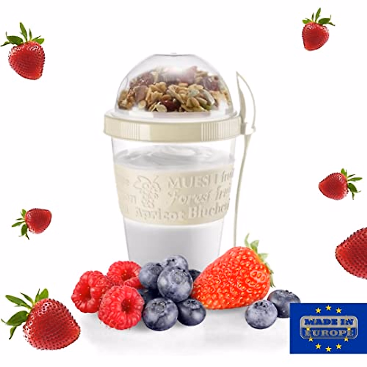 DGRS MARKET 4 Pack 20 oz Breakfast Cereal On the Go Cups with Spoon- Portable Take'n Go Yogurt and Cereal Container Cup with Top Lids- Take and Go Yogurt- Milk- Snack- Fruit Cup for Travel (4- Mix)