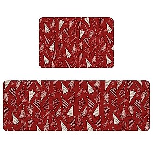 Libaoge Christmas Kitchen Mat Rug Set of 2 Xmas Tree Red Background Runner Rug Anti-Fatigue Comfort Memory Foam Standing Mat Non-Slip Floor Door Mat for Bathroom Bedroom 18x30in+18x60in