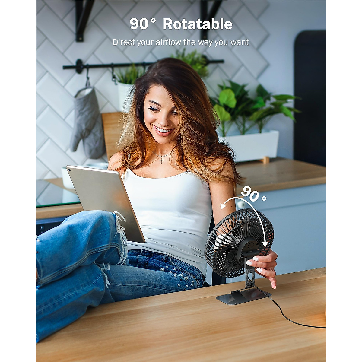 SLENPET 6 inch USB Desk Fan, 4 Speeds, Ultra-quiet, 90° Adjustment for Better Cooling, Portable Mini Powerful Desktop Table Fan, Small Personal Fan for Home Office, Metal Base, Black