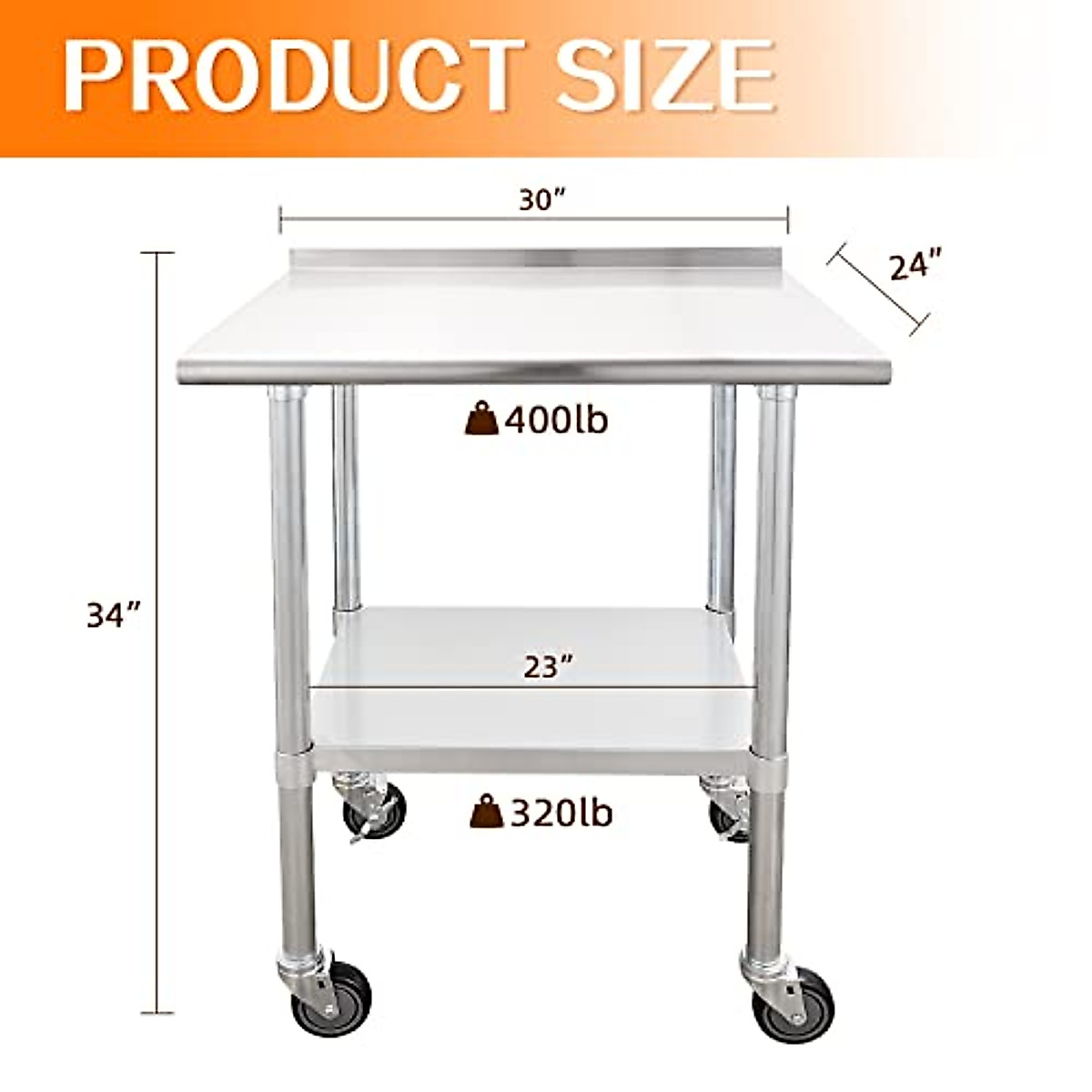 HOCCOT Stainless Steel Prep & Work Table with Adjustable Shelf, with Backsplash and Wheels, Kitchen Island, Commercial Workstations, Utility Table in Kitchen Garage Laundry Room Outdoor BBQ, 24" X 30"