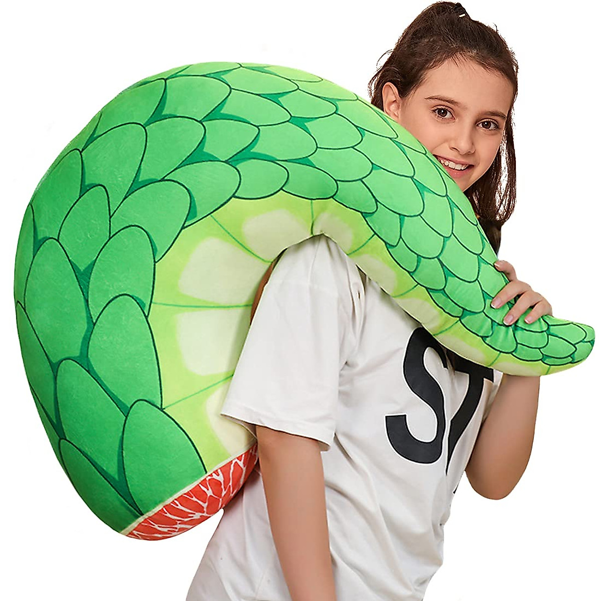 ELAINREN Fluffy Dinosaur Tail Shape Plush Neck Pillow Soft Dragon Tails Stuffed Body Pillow Cartoon Green Dino Tail Plushie Cushion Decor/23.6''