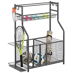 mDesign Metal Heavy Duty Garage Storage System Rack with Top Shelf, Multi-Purpose Sporting Goods Storage with Multiple Compartments, Baskets and Hooks - Holds Equipment, Balls, Bats - Graphite Gray