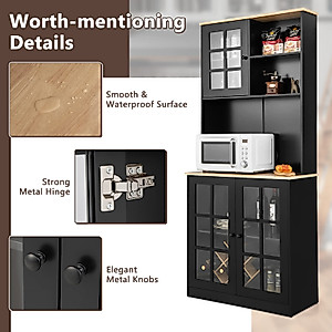 LOKO 72" Kitchen Hutch Storage Cabinet, Freestanding Pantry Buffet Cabinet with Glass Doors, Open & Closed Storage, 3-Position Adjustable Shelves, Tall Cupboard Storage Cabinet (Black)