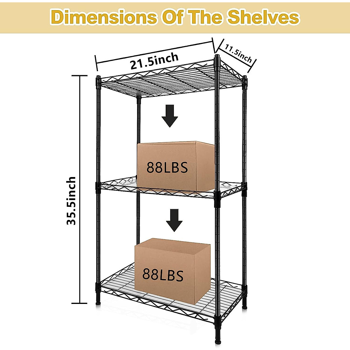 3-Tier Wire Shelving Unit and Storage, Shelves for Storage Height Adjustable Metal Wire Rack Shelving for Garage Kitchen Pantry Closet Laundry Bathroom Load 265LBS (21.5 x 11.5 x 35.5 inch)