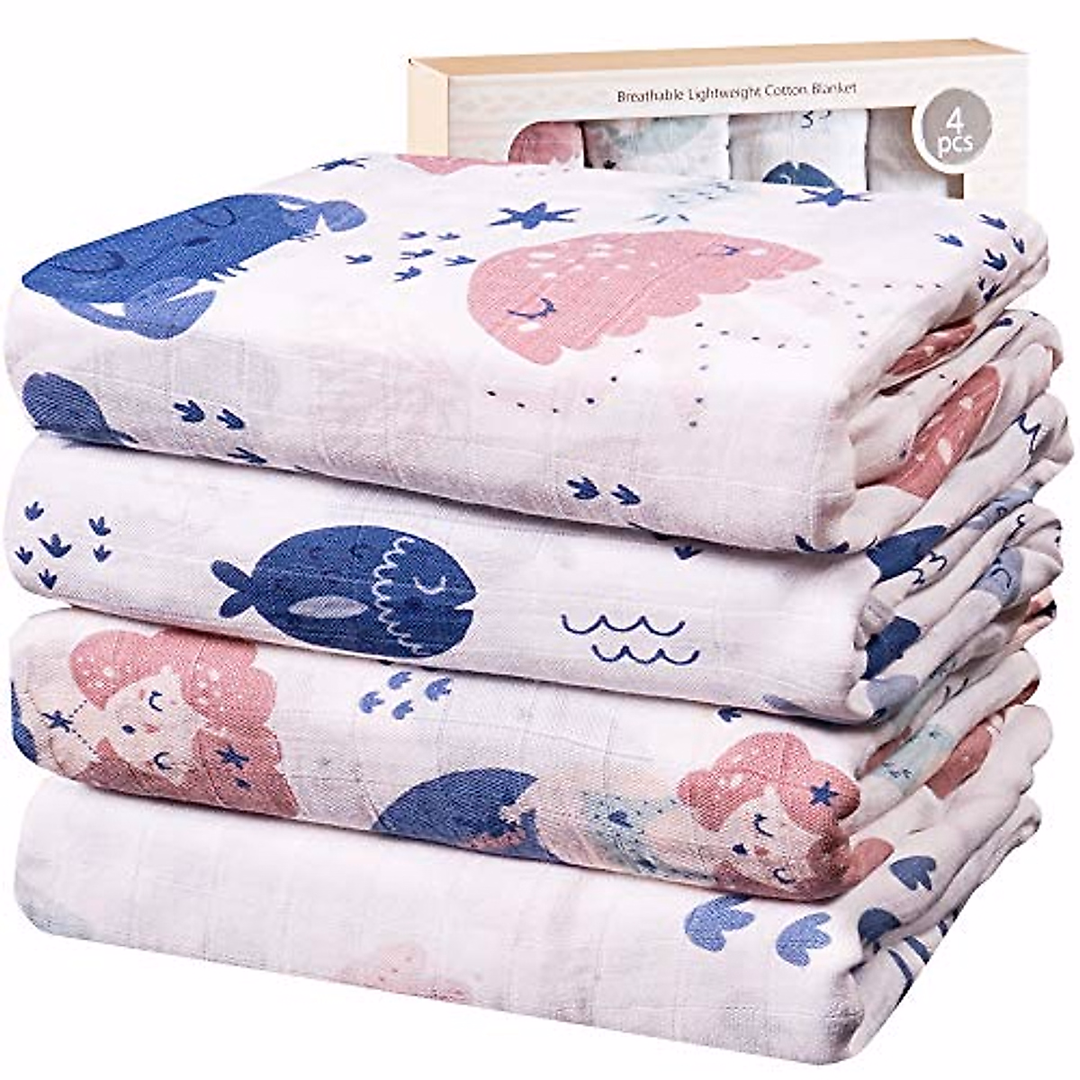Viviland Muslin Swaddle Blanket, Baby Swaddle Blanket for Boys & Girls, Nursery Receiving Blanket for Newborn, Baby Swaddle Wrap Soft Silky & Breathable, 4 Packs, 47 X 47In, Mermaid & Sea