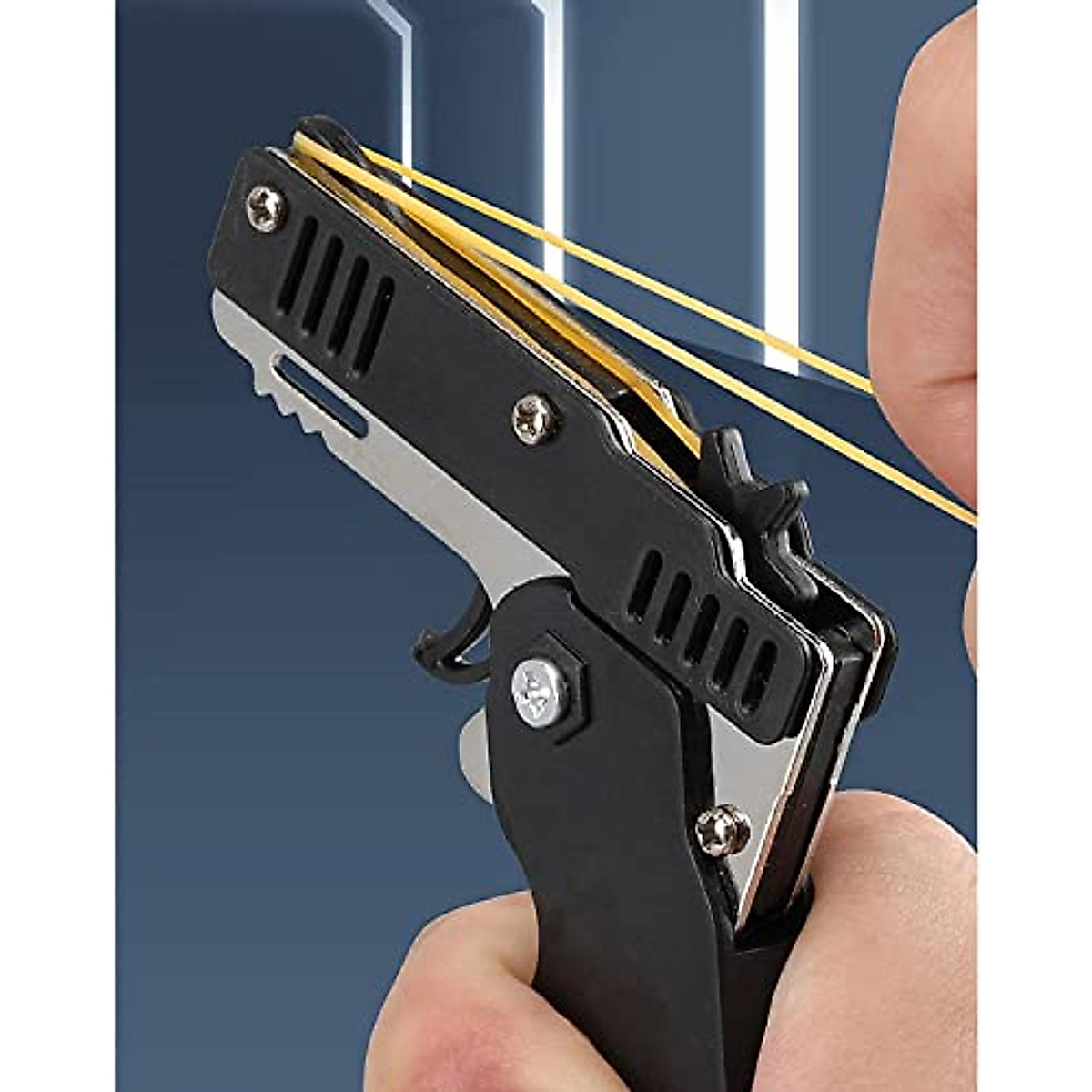 QKUDNGHY Kids Toys Cool Keychain Rubber Band Mini Metal Folding Rubber Launcher Toy with 60 Elastic Rubber Bands for Game Outdoor Activities (Blue)