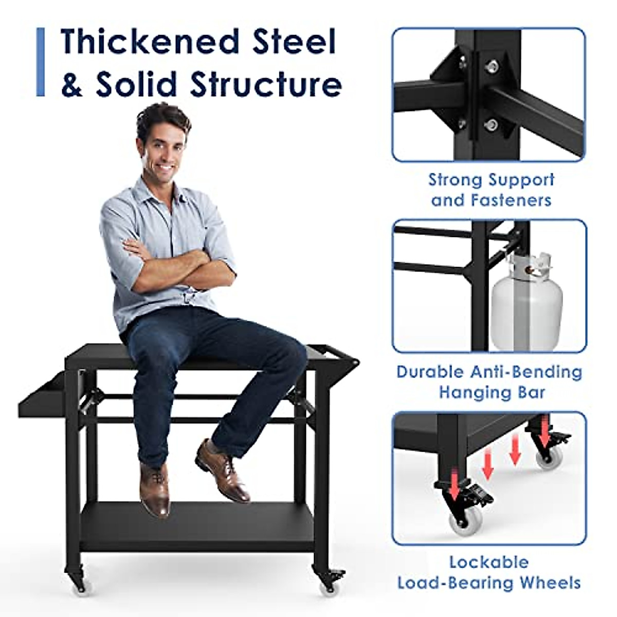 Xilingol Outdoor Grill Cart Pizza Oven Stand, BBQ Prep Table with Wheels & Seasoning Tray, Black Kitchen Tabletop Griddle Cooking Island & Station for Bar, Patio, Camping, Outside, Home