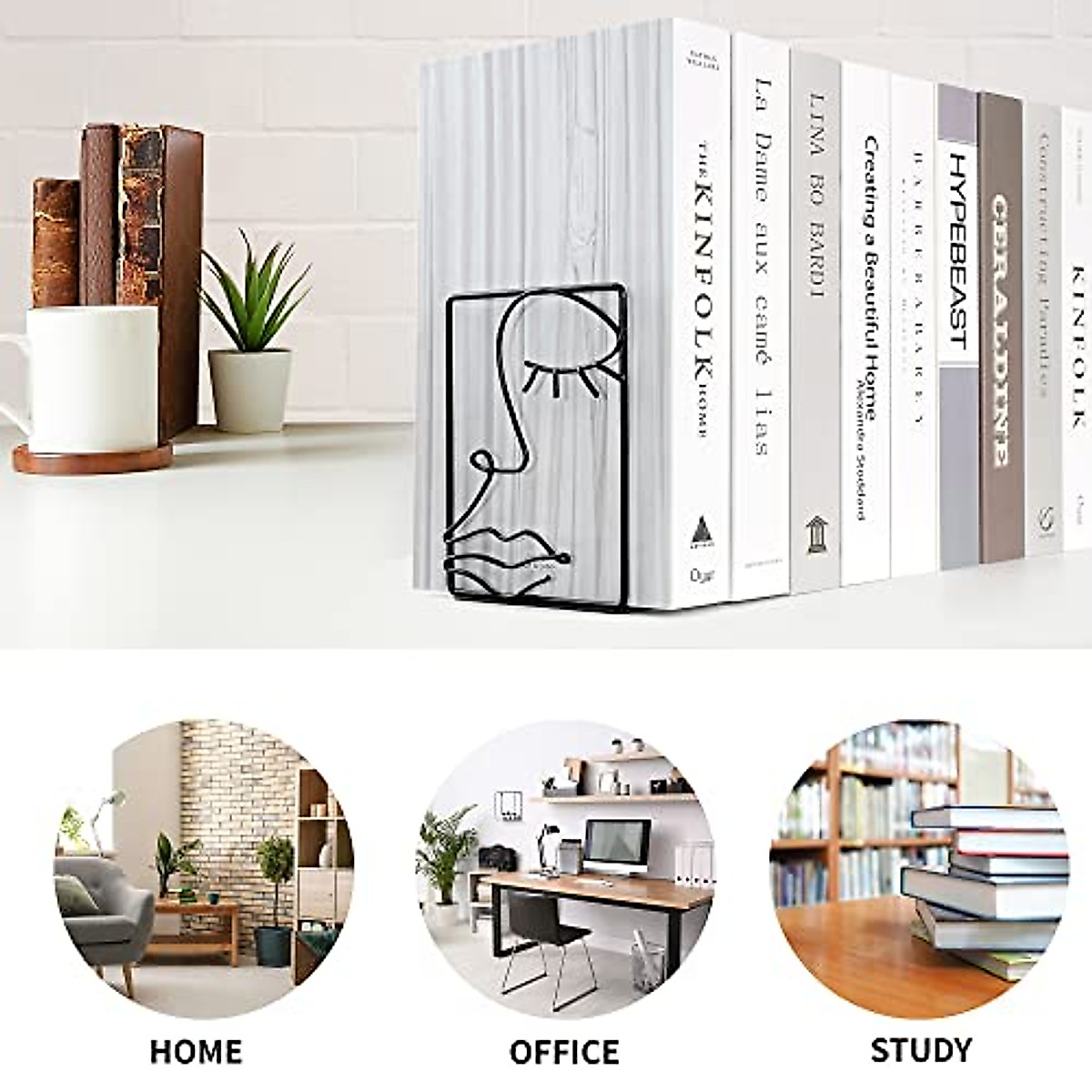 Book Ends Modern Abstract Design Bookends for Shelves （Metal/Black） Heavy Duty Decorative Non-Skid Bookends Book Stoppers for Books and CDs