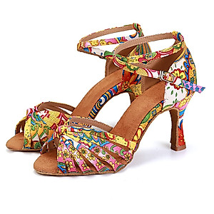 YKXLM Latin Dance Shoes For Women Ballroom Salsa Tango Professional Performance Practice Dancing Shoes,3.33" heel,Colorful,9 US