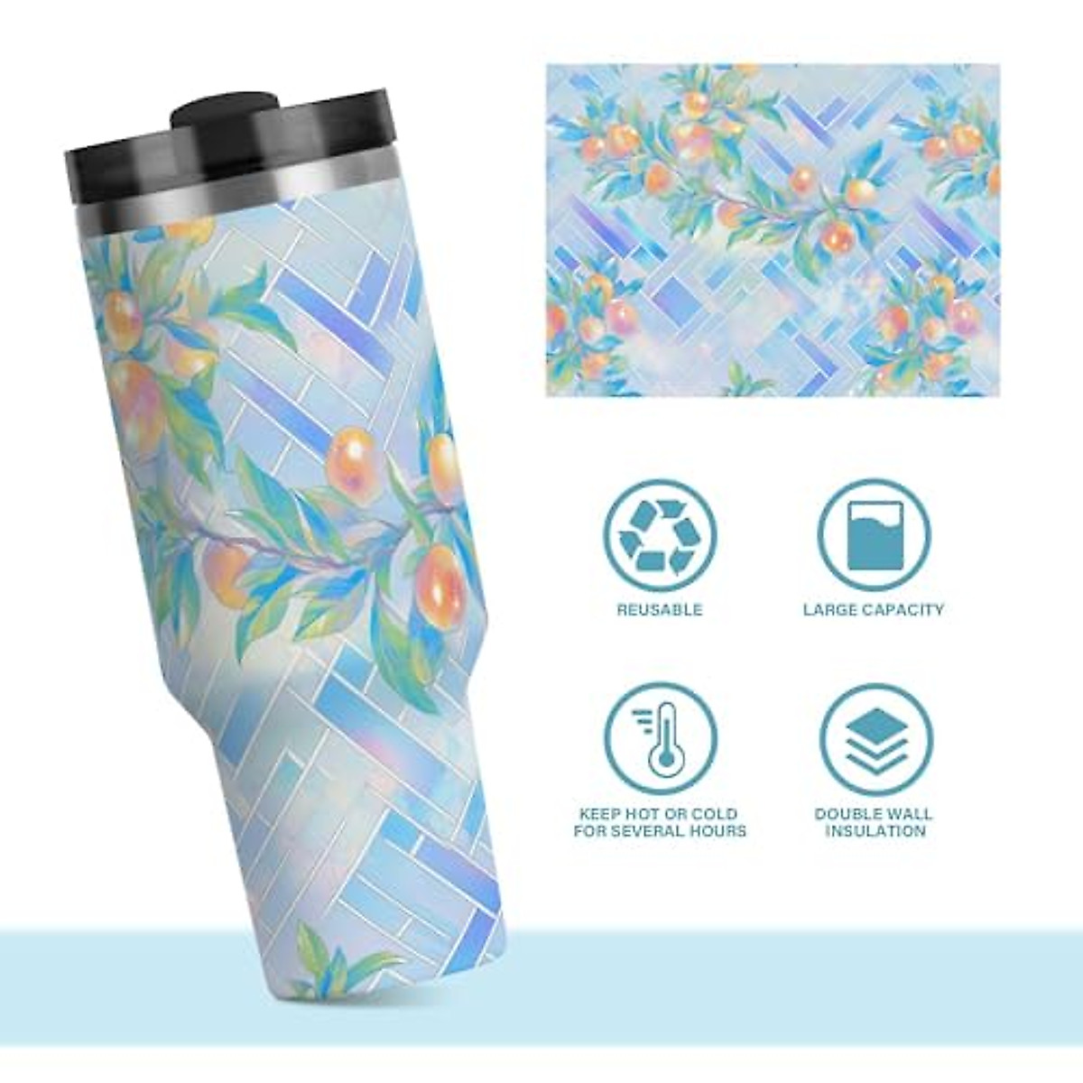 linqin Fruits Stripe Vacuum Tumbler Insulated with Lid and Straw 40 oz Stainless Steel Water Bottles Wide Mouth Travel Coffee Mug for Water, Iced Tea or Coffee