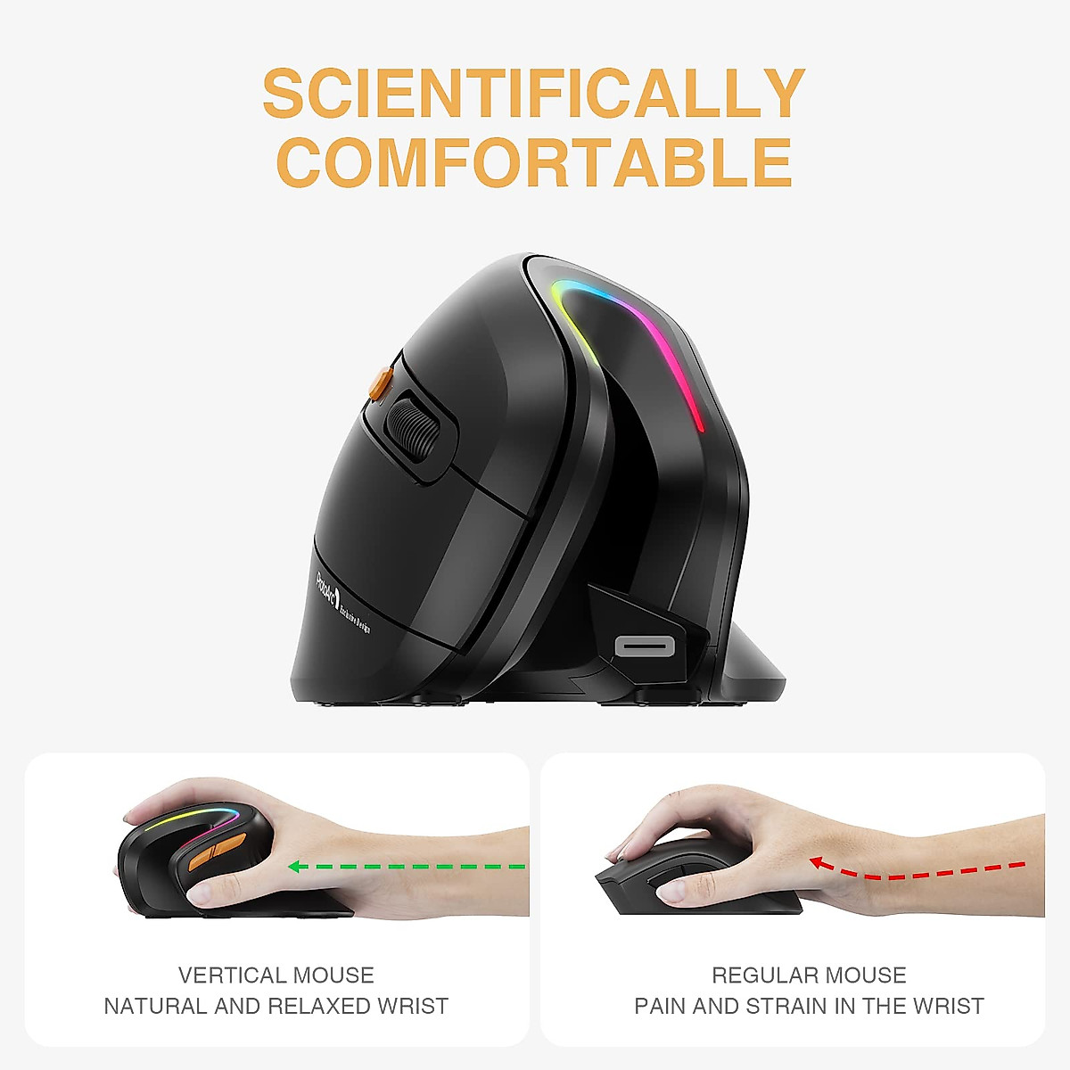 ProtoArc Ergonomic Mouse Wireless, EM11 Bluetooth Vertical Ergo Mouse, Rechargeable, 2.4G RGB Optical Vertical Mice with 3 Adjustable DPI, 3-Device Connection for PC, iPad, Mac, Windows (Black)